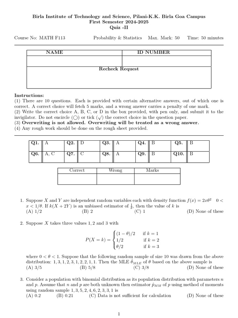 Quiz2 solution keys | PDF | Probability Theory