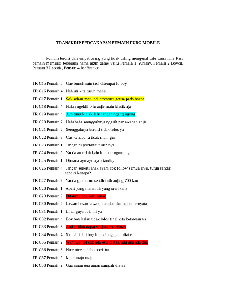 Transkrip Percakapan Pemain PUBG Mobile 3 | PDF