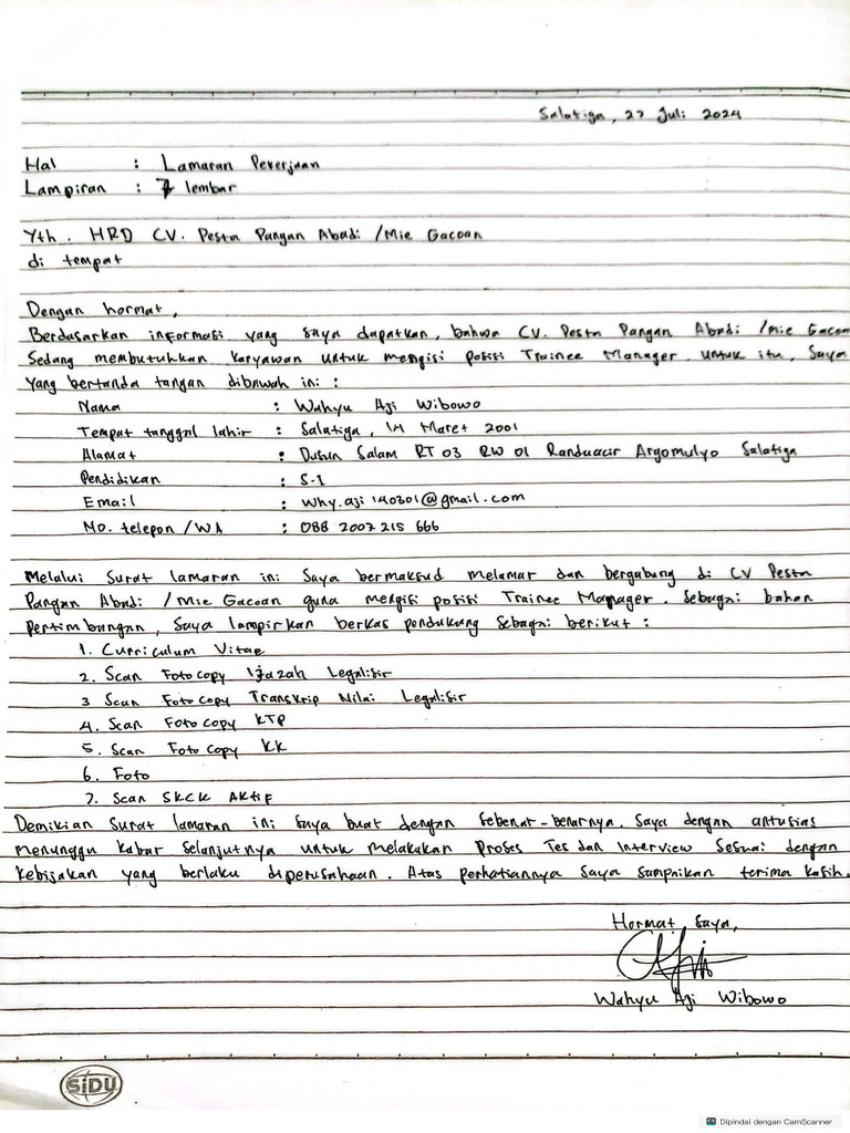 Lamaran Pekerjaan Wahyu Aji Wibowo CV Pe | PDF
