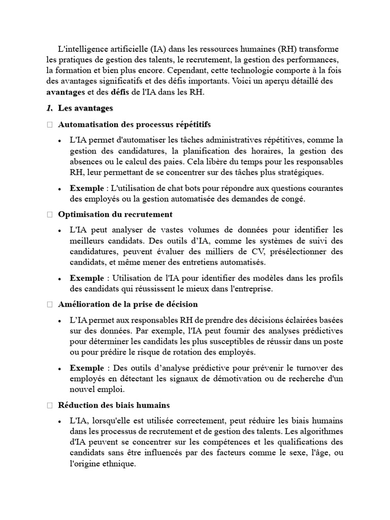 Avantages Et Defits | PDF | Gestion des ressources humaines | Intelligence artificielle