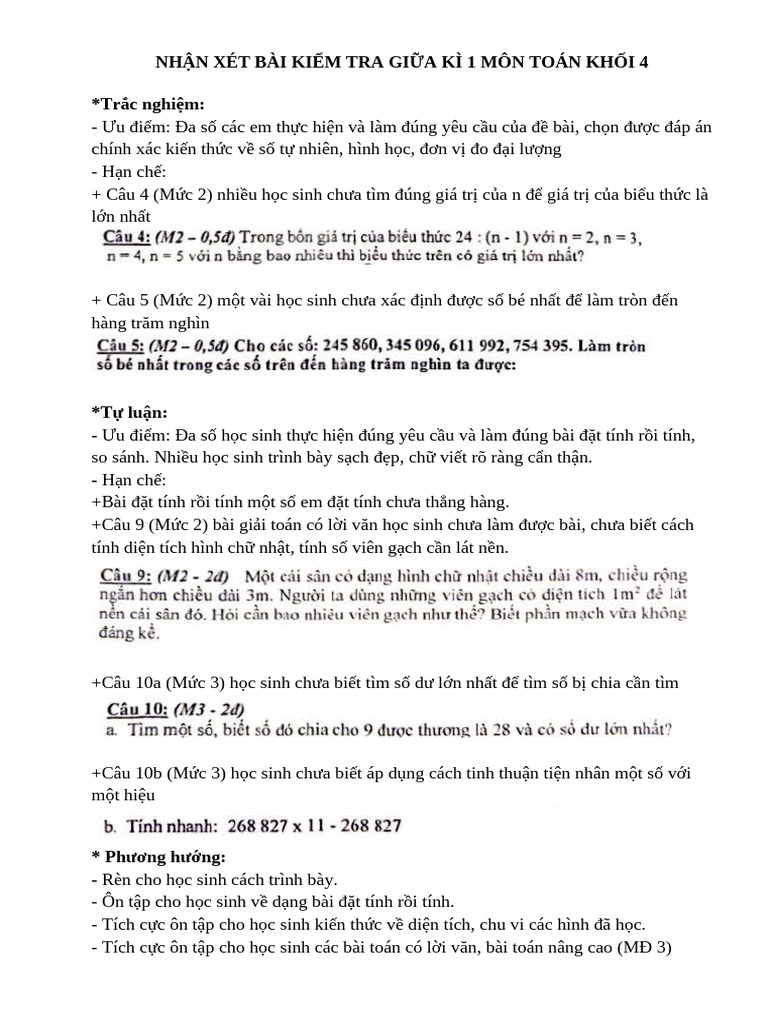 Nhận xét bài KT giữa kì môn Toán khối 4 | PDF