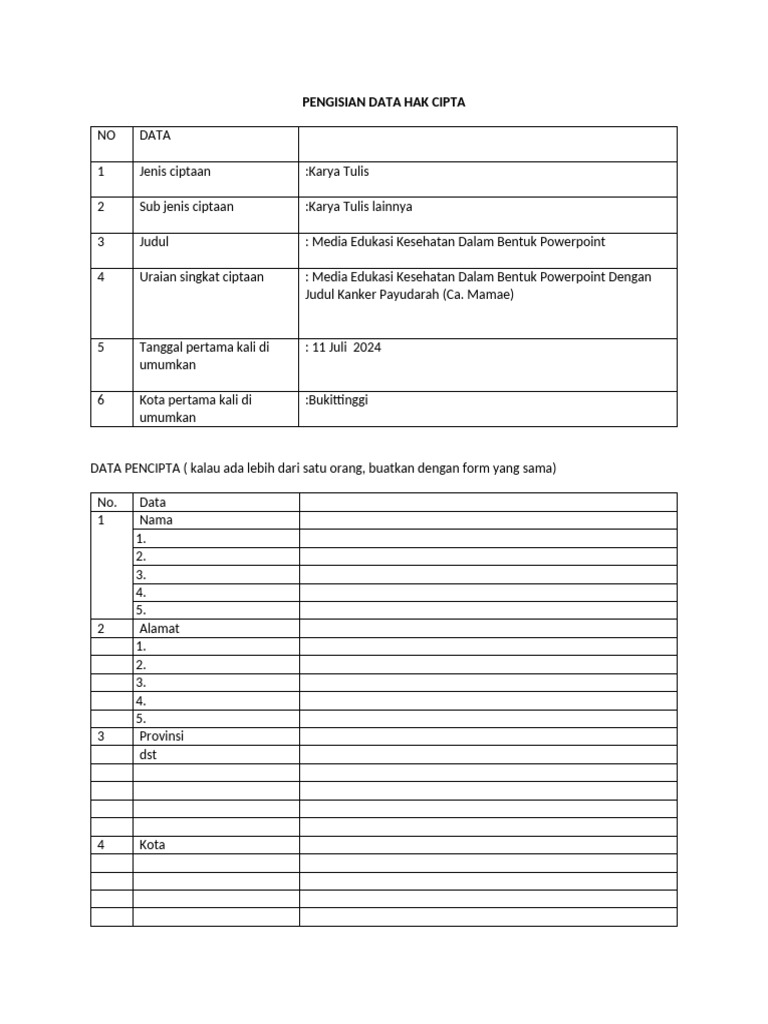 Form Pengisian Data Hak Cipta | PDF