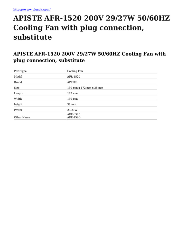 APISTE_AFR-1520_200V_29_27W_50_60HZ_Cooling_Fan_with_plug_connection ...
