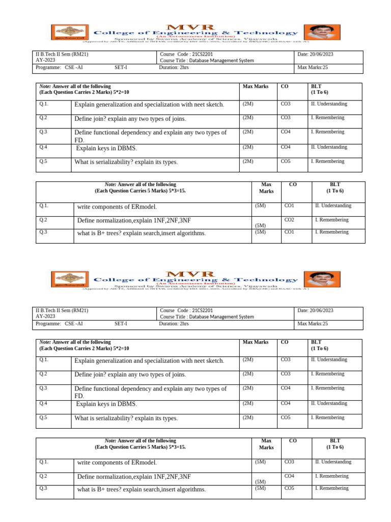 DBMS Paper Mid2 Cse-Ai | PDF | Databases | Relational Database