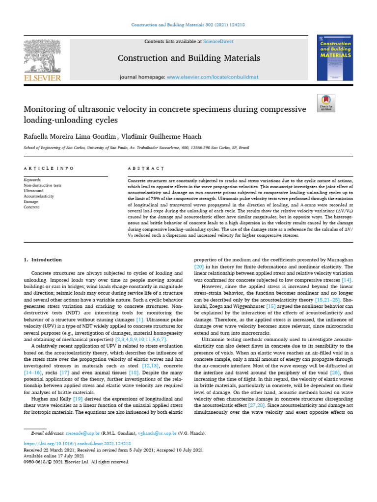 monitoring of ultrasonic velocity in concrete speciment during compressive load-unloading cycles ...