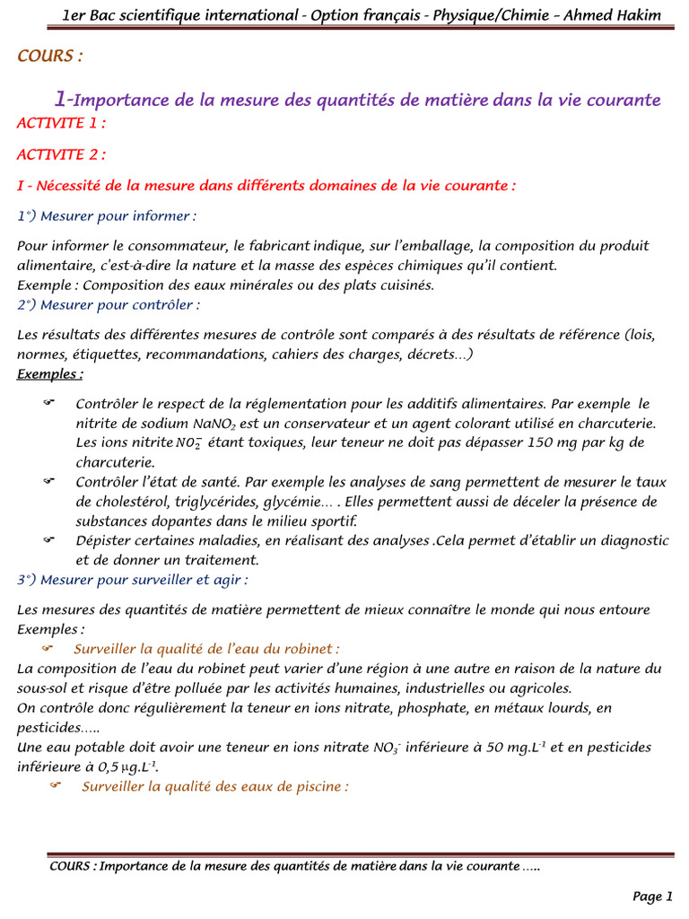 Cours Importance de La Mesure en Chimie 1bac Biof Sciences ...