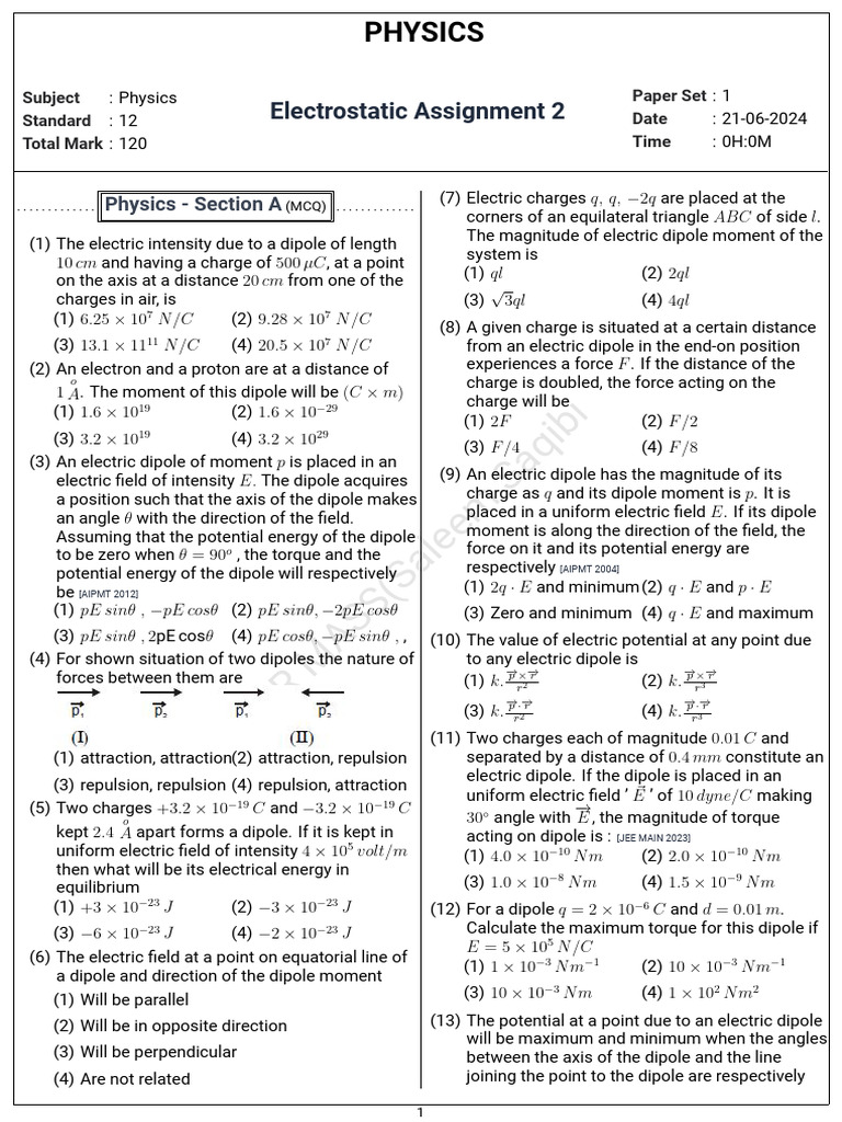 Electrostatic Assignment 2 1718981026 | PDF | Dipole | Magnetic Field