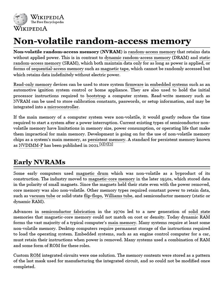 Non-volatile random-access memory - Wikipedia | PDF | Random Access Memory | Computer Data Storage