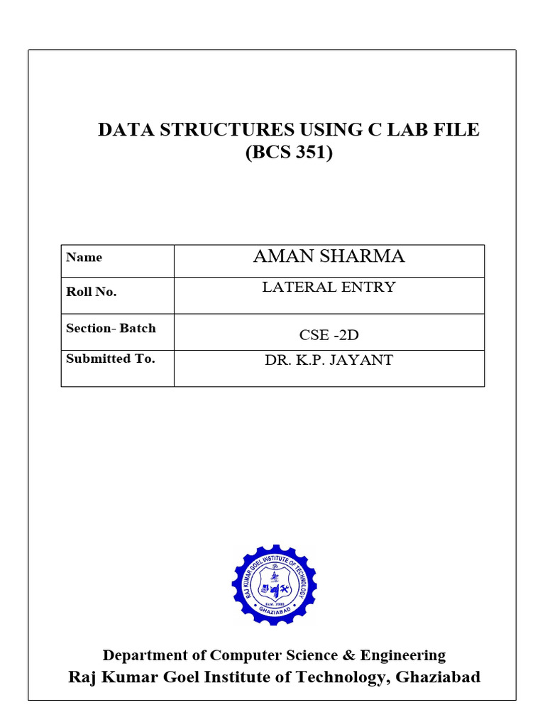 DSUC - LAB - FILE - (Front - Page) (1) .PDF AMAN | PDF | Algorithms And Data Structures | Algorithms