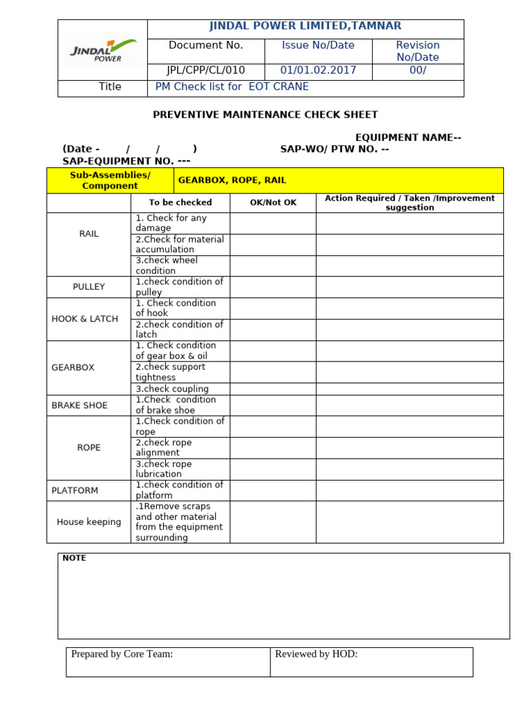 PM Check List of EOT .WASHERY | PDF | Vehicle Technology | Mechanical ...