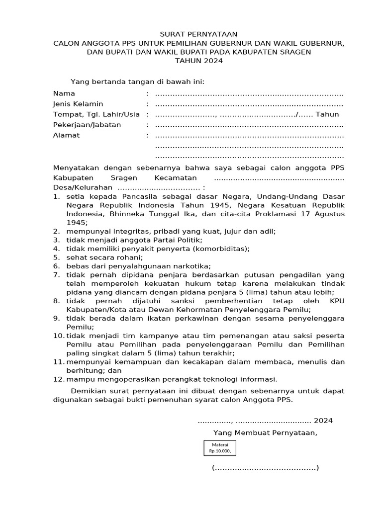 Surat Pernyataan Calon Anggota PPS 2024 | PDF