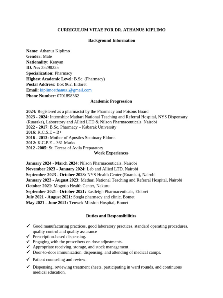 Curriculum Vitae for Dr. Athanus Kiplimo | PDF | Pharmacy | Health Care