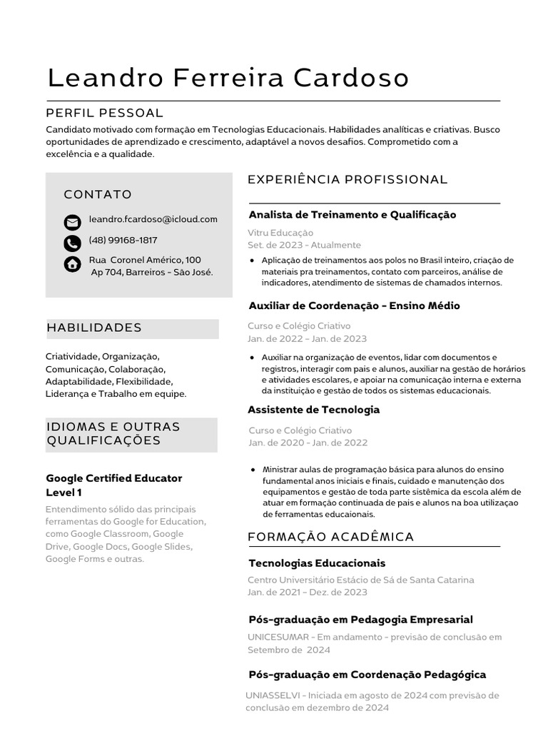 Currículo Leandro | PDF | Tecnologia educacional | Pedagogia