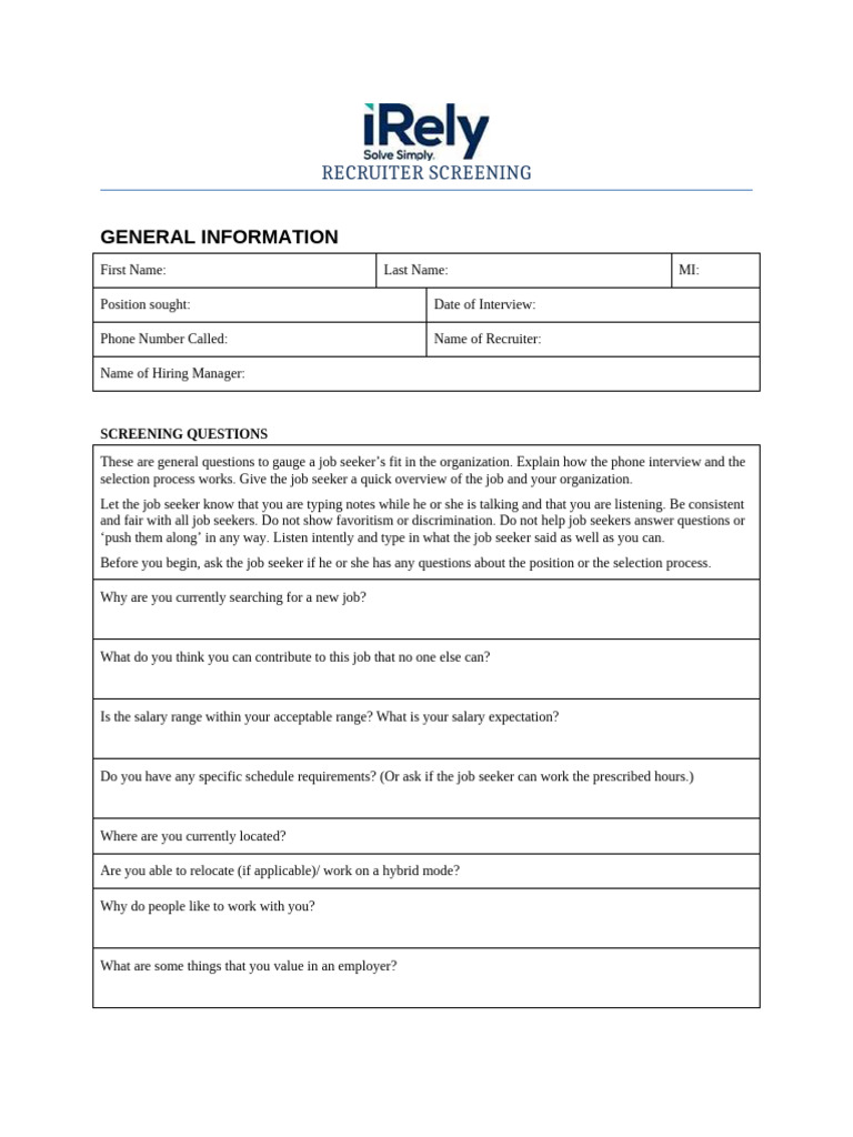 Recruiter Screening Template V2 | PDF | Recruitment | Job Interview