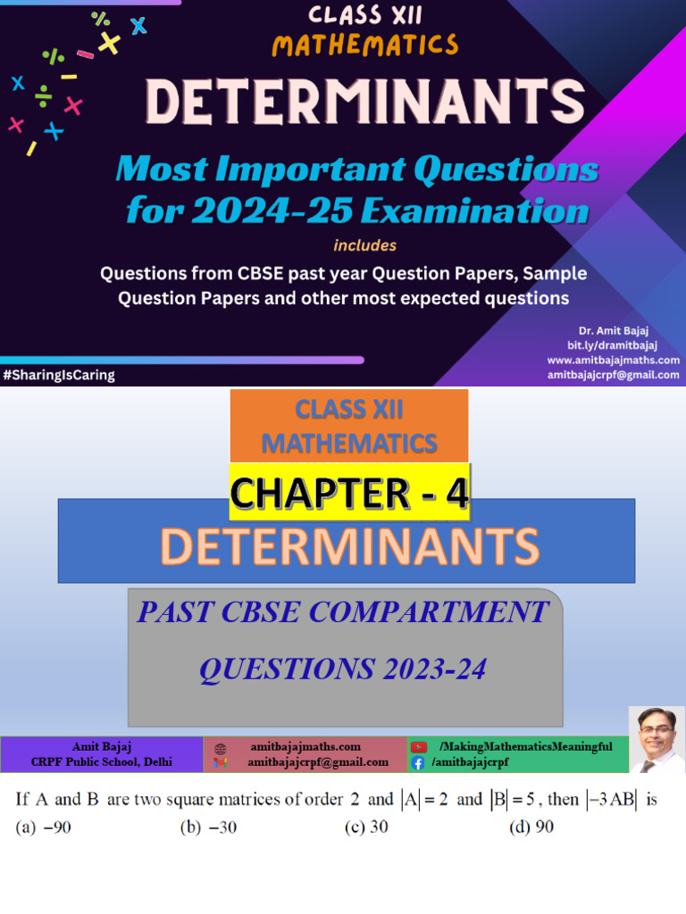Class XII DETERMINANTS Most Important Questions For 2024-25 Examination ...