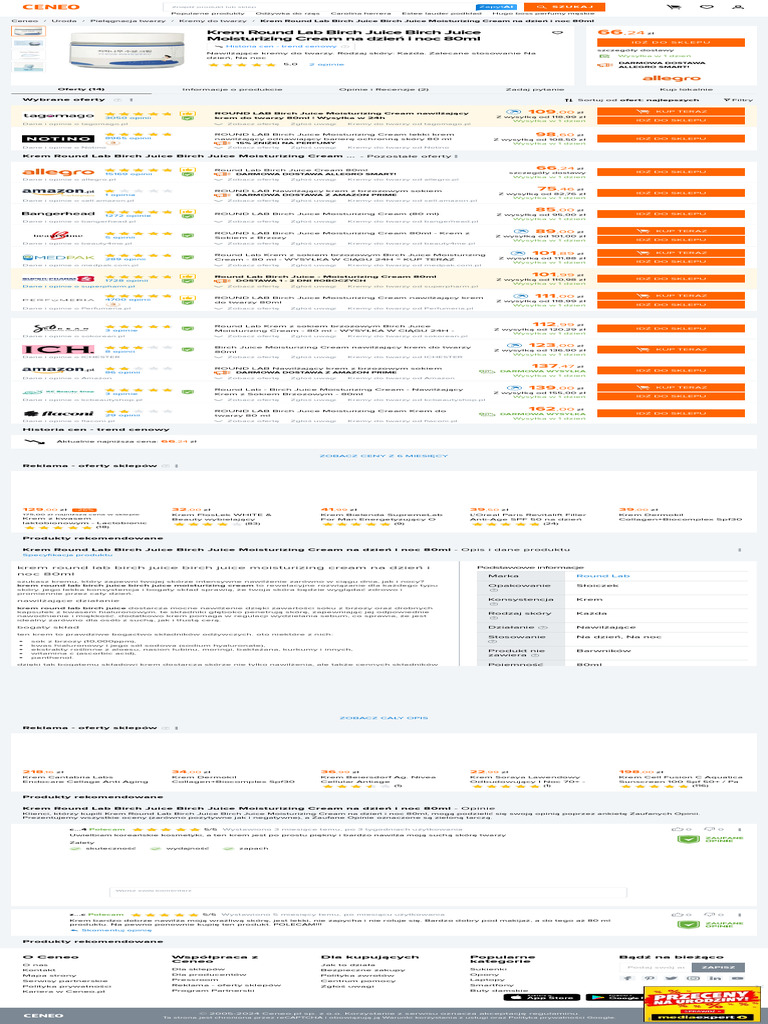Krem Round Lab Birch Juice Birch Juice Moisturizing Cream na dzień i noc 80ml - Opinie i ceny na ...