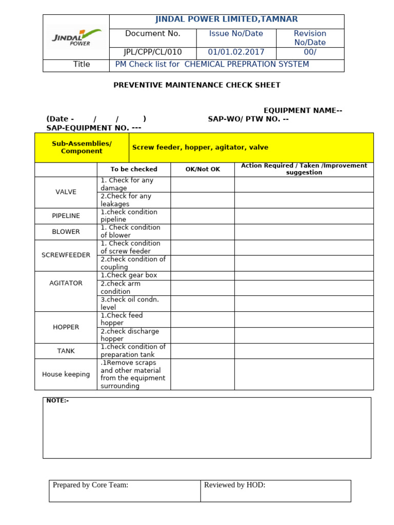 PM Check List of Chemical Prepration System .WASHERY | PDF