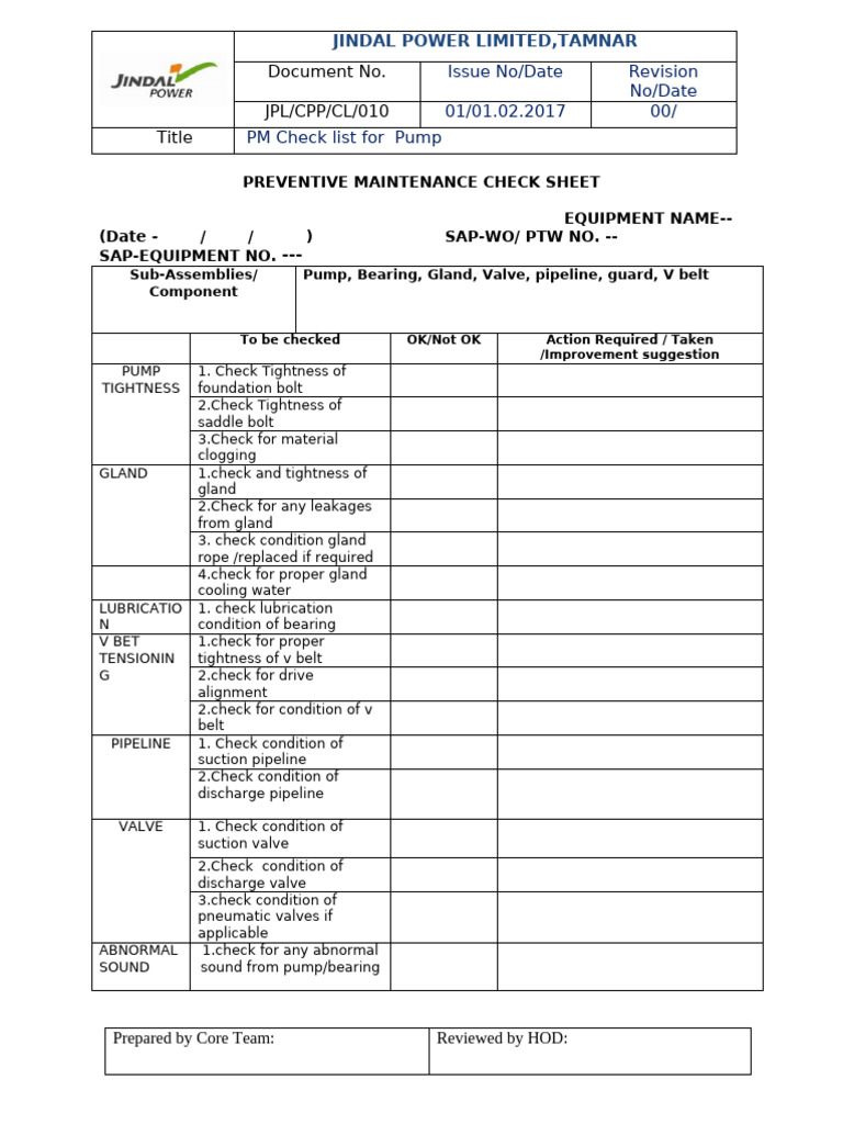 PM check List of PUMP WASHERY docx | PDF | Pump | Hydraulics