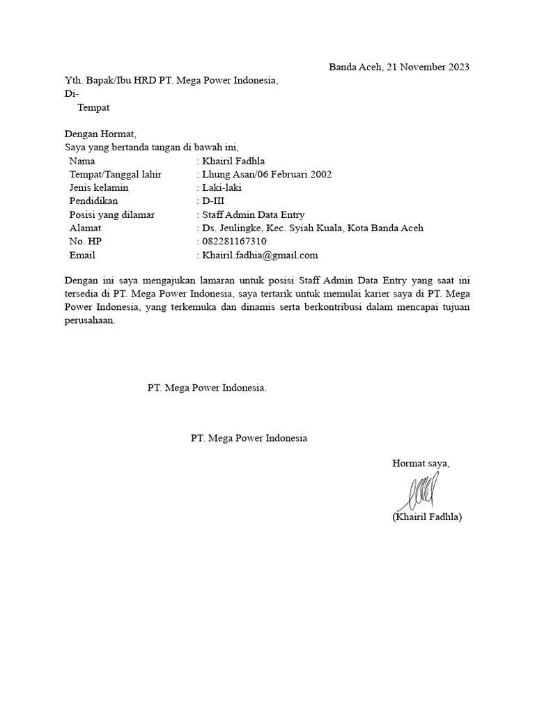 Lamaran Staff Admin PT. Mega Power | PDF