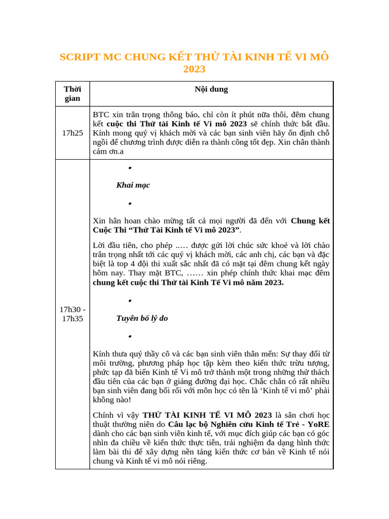 SCRIPT MC CHUNG KẾT THỬ TÀI KINH TẾ VI MÔ 2023 | PDF