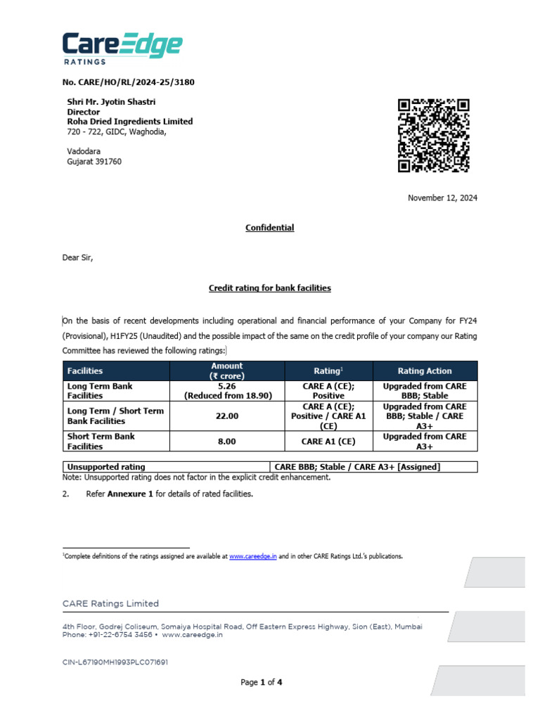 Rating Letter - Roha Dried Ingredients Limited | PDF | Banks | Loans