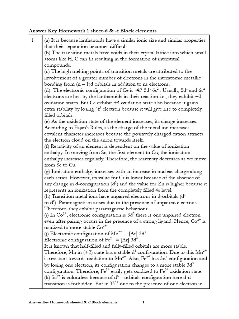 1a. Answer Key Homework 1 Sheet-D - F Block Elements - Google Docs ...