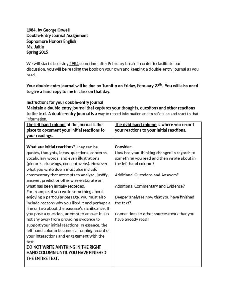 Double-Entry Journal for 1984 Assignment | PDF | Thought