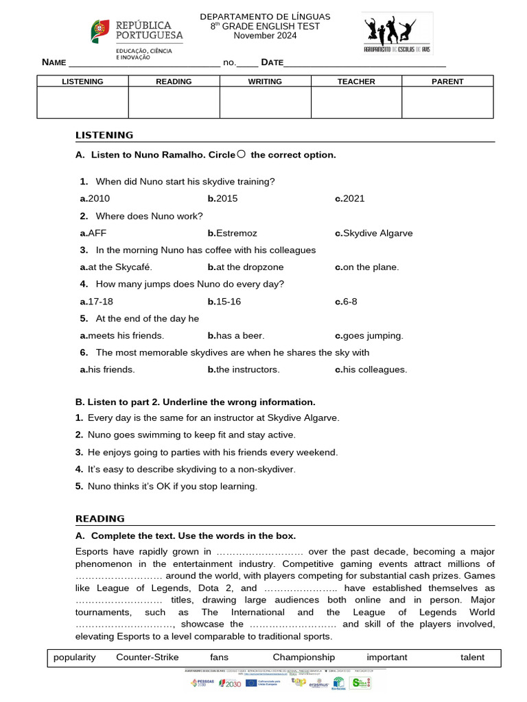8th Grade English Test November 2024 | PDF | Camping