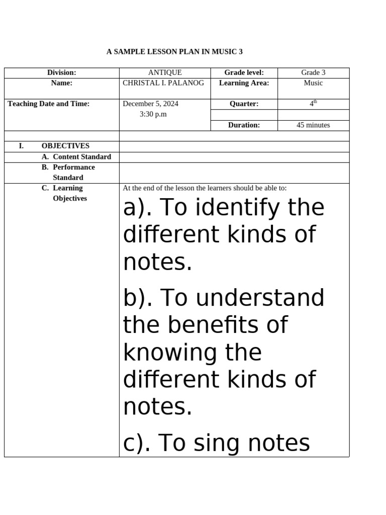A SAMPLE LESSON PLAN IN MUSIC 3 | PDF | Lesson Plan | Learning