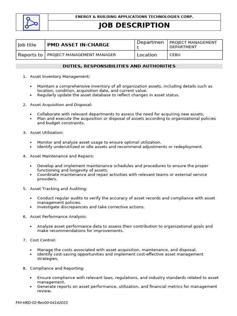 asset incharge job description | PDF | Project Management | Audit