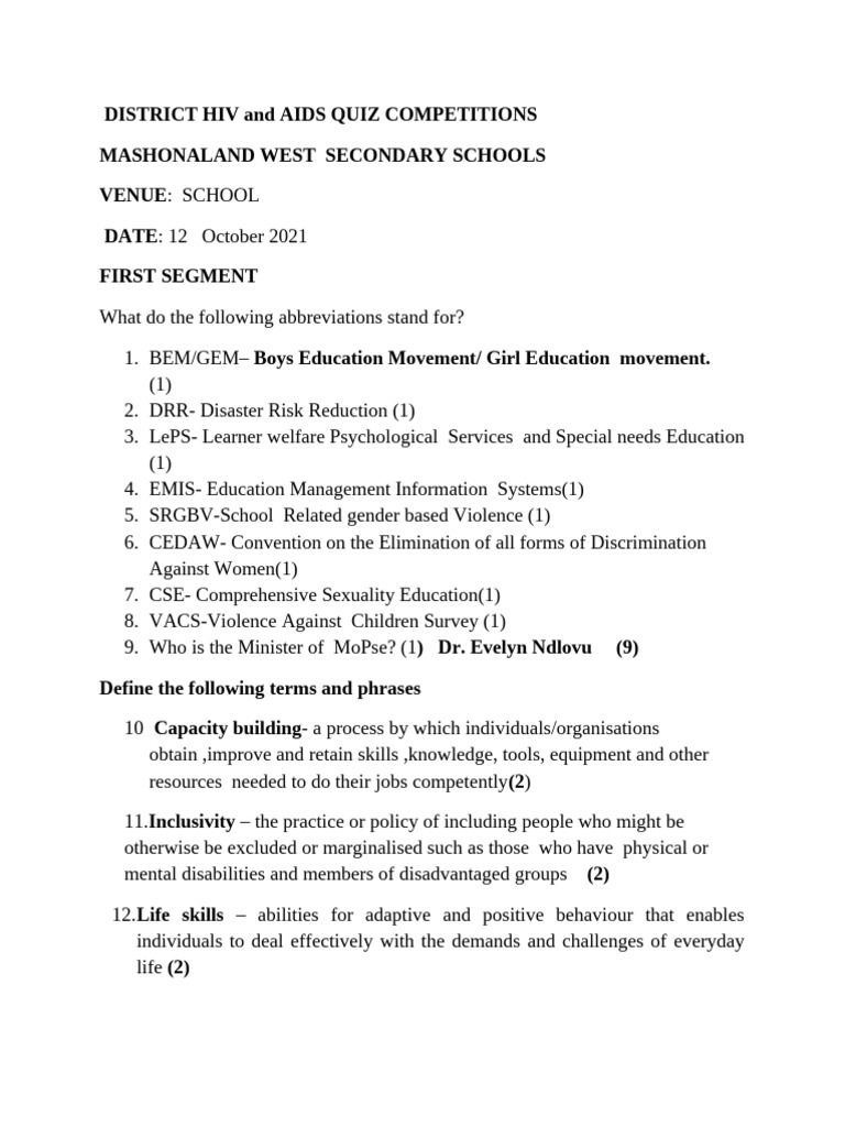 HIV and AIDS Quiz for Schools | PDF | Public Health | Sexual Health