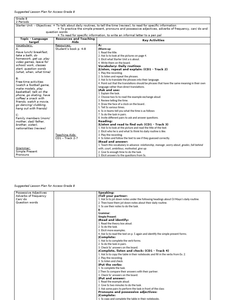 Period 1-2_Access G8_Starter_Lesson plan | PDF | Adverb | Linguistics