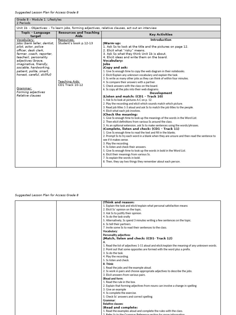 Period 5-6_Access G8_M1U1b_Lesson plan | PDF | Adjective | Question