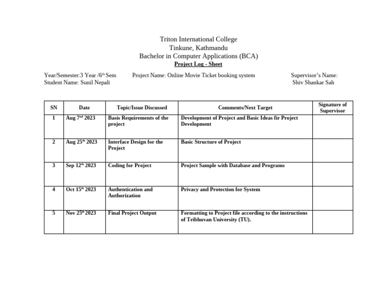 Project Log Sheet | PDF