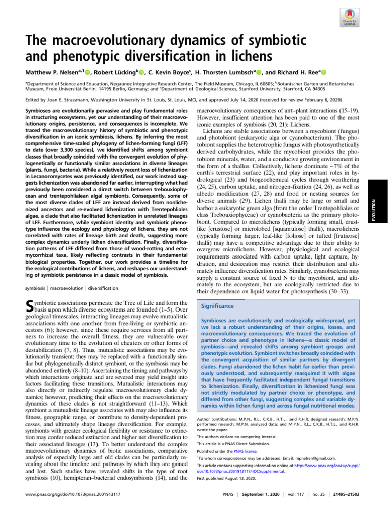 2020 - Nelsen Et Al - Macroevolutionary Dynamics | PDF | Symbiosis | Fungus