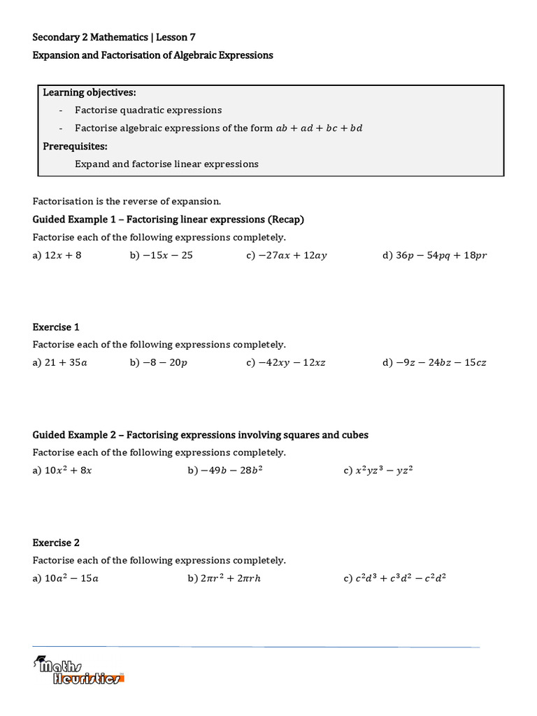 Notes S2 Math L7 Expansion and Factorisation of Algebraic Expressions ... Notes S2 Math L7 Expansion and Factorisation of Algebraic Expressions ...