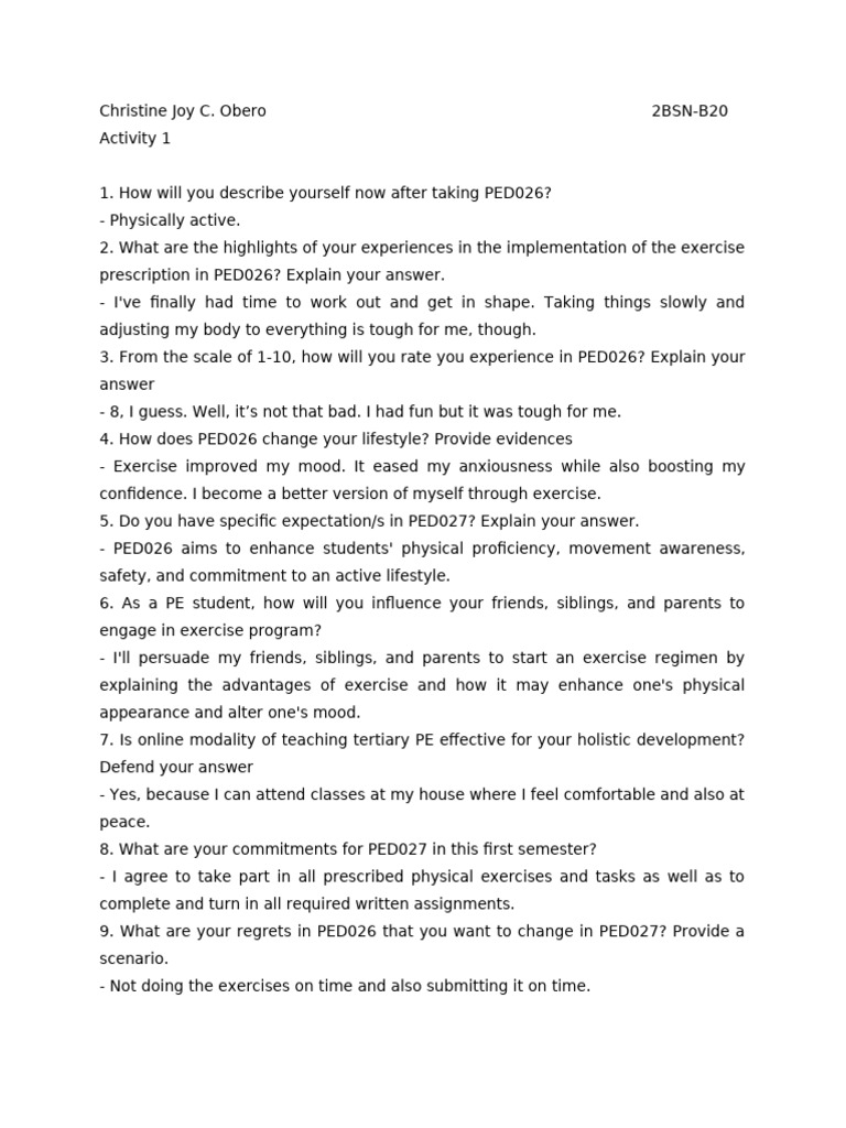 PE Student's Reflections & Goals | PDF