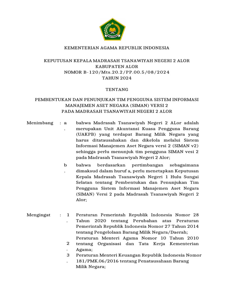 Sk-Tim-Pengguna-Siman-V2-Mtsn 1 HSS Cuma Contoh | PDF