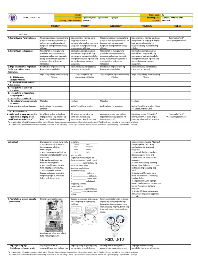 DLL - AP4 - Q4 - W4 - Natatalakay Ang Konsepto NG Karapatan o Tungkulin@Edumaymay@Lauramos@Angie ...