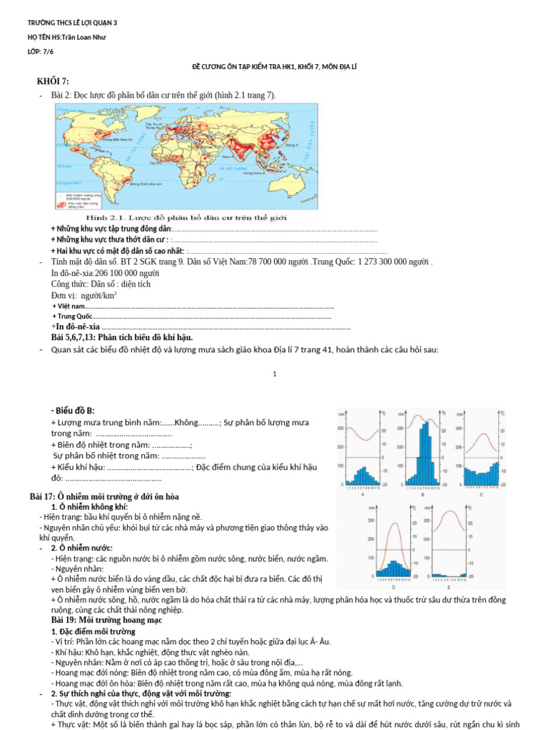 Đề Cương Ôn Tập Địa Lí 7 HK1 HS | PDF