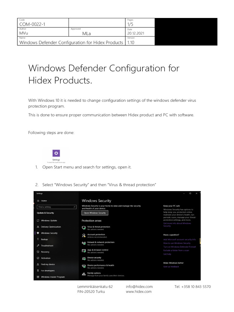 COM-0022-1 Windows Defender Configuration for Hidex Products v1.1 | PDF ...