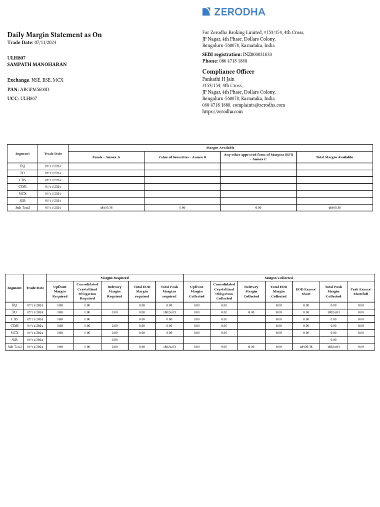 Daily Margin Statement for Zerodha | PDF | Financial Economics ...