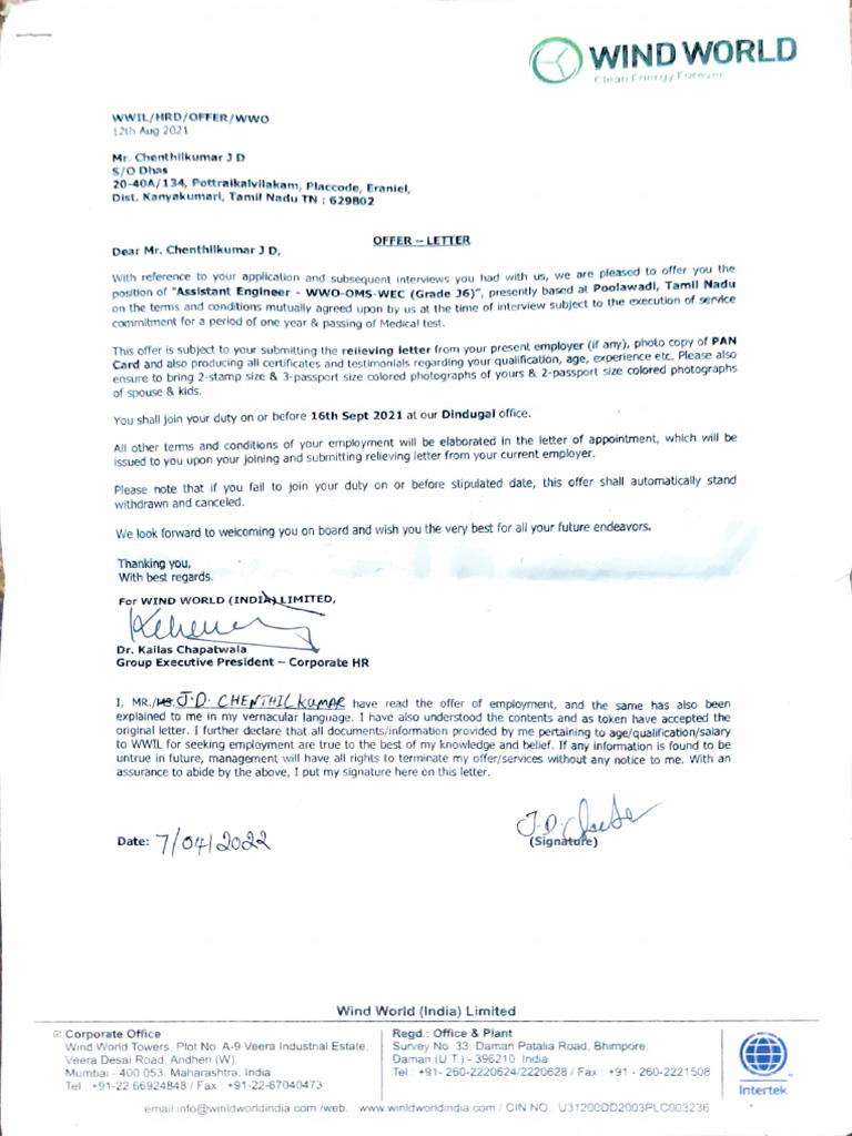 Chenthil Offer Letter WWIL | PDF