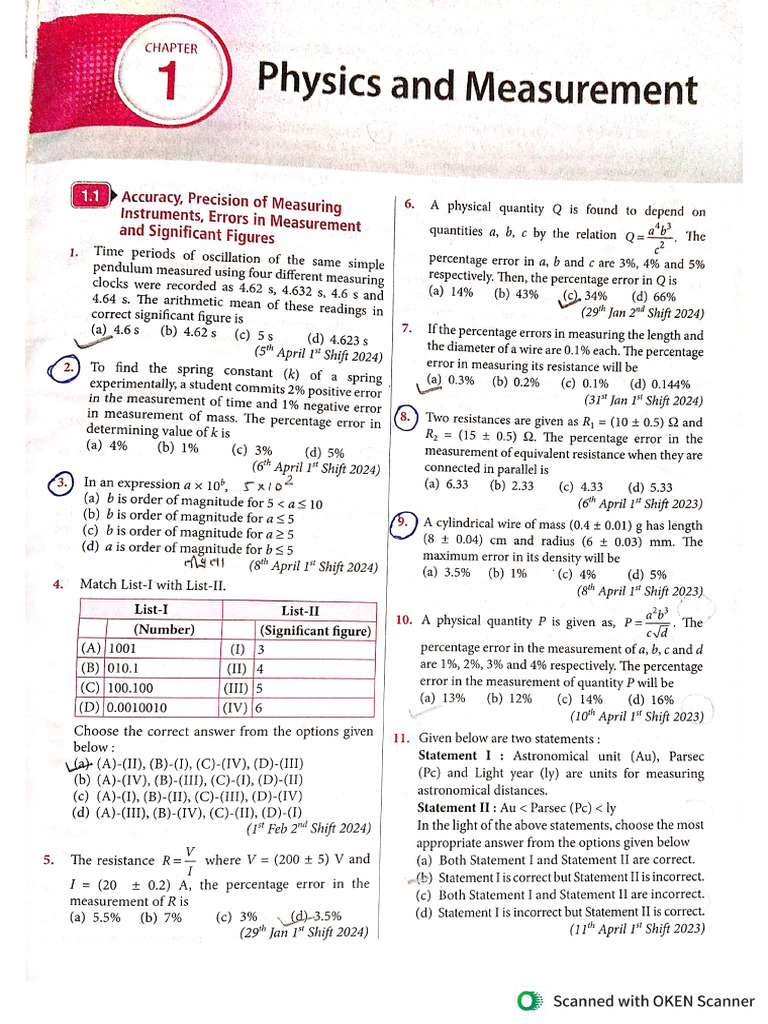 STD 11 Physics Che 1 Units and Dimentions Jee Mains Pyqs | PDF