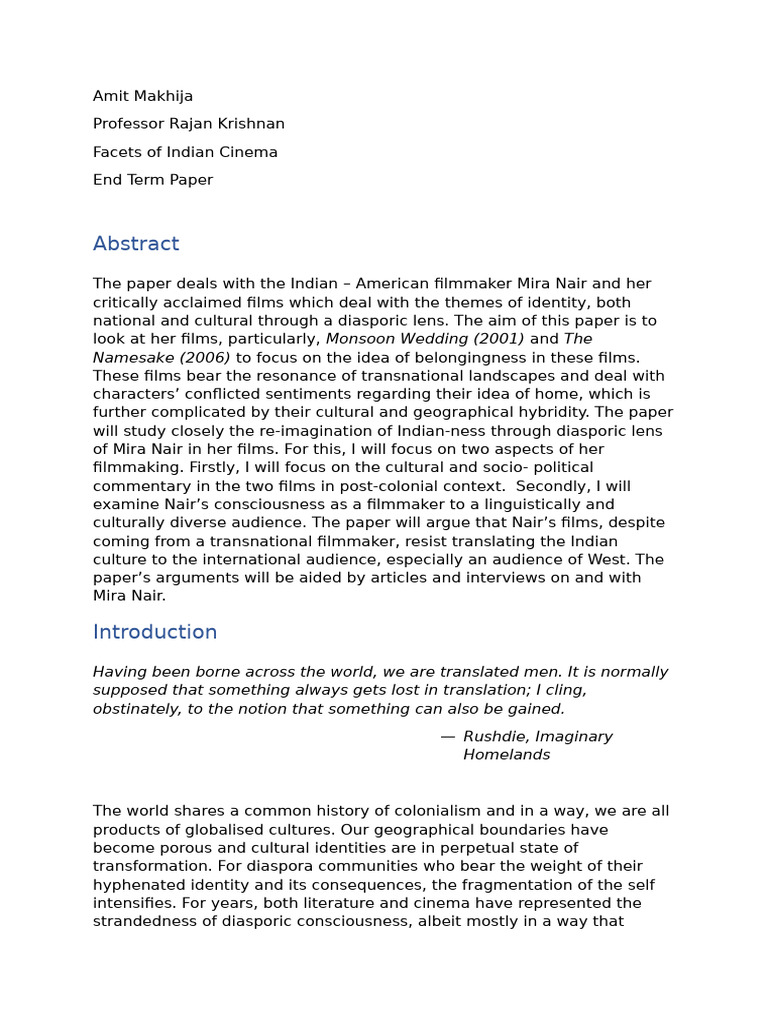 Mira Nair's Diasporic Cinema Analysis | PDF