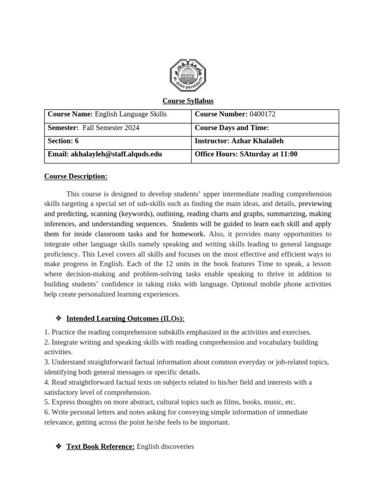 English Language Skills Syllabus 2024 | PDF | Reading Comprehension ...
