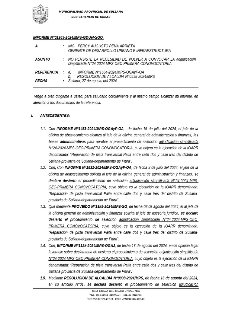 Informe N°1269 NO PERSISITE LA EJECUCION DE LA IOAAR CALLE PAITA | PDF