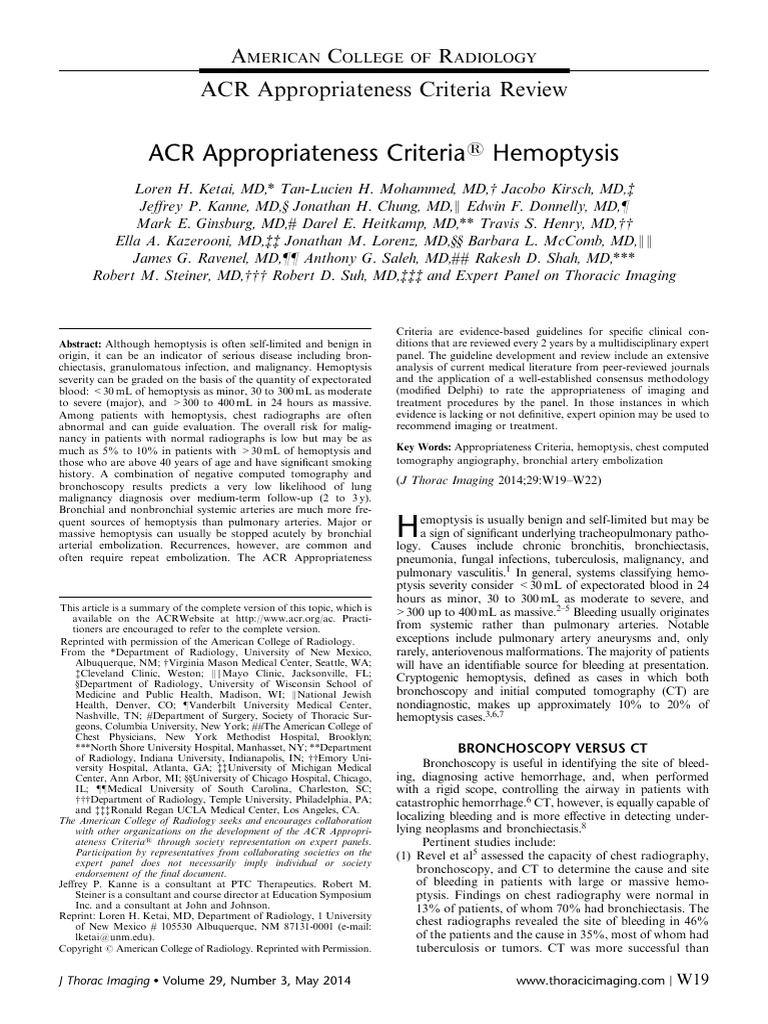 Thorac Imagin. 2014 - ACR Appropriateness Criterias Hemoptysis | PDF | Ct Scan | Radiology