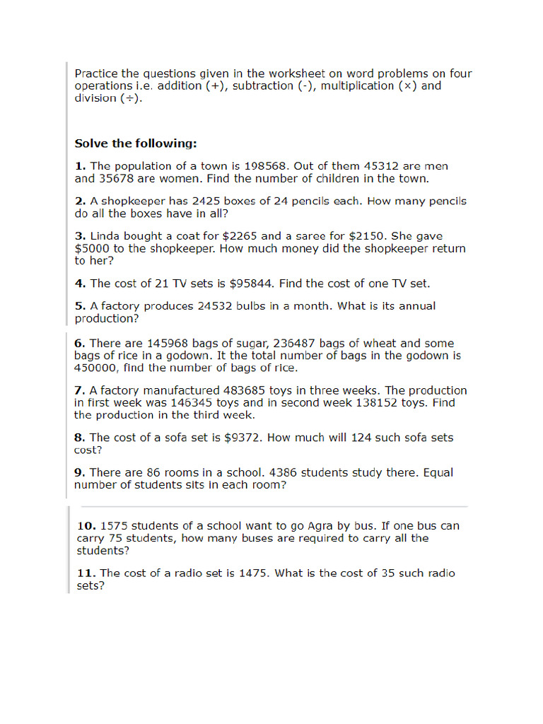 Word Problems On 4 Basic Oerations | PDF