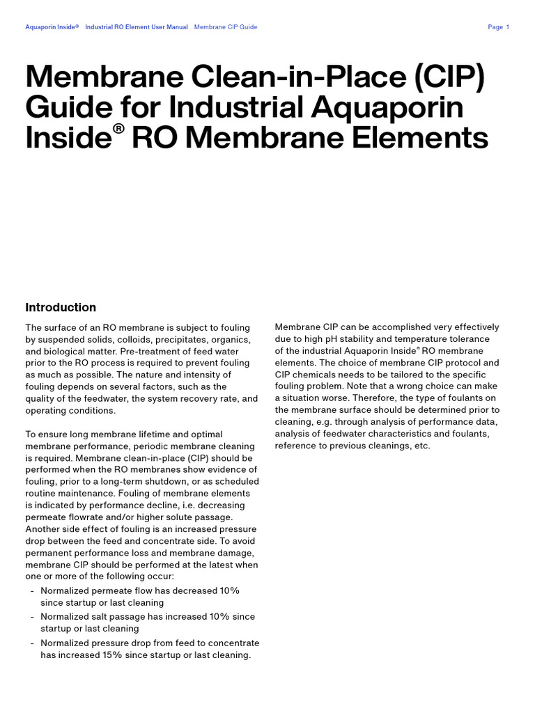Industrial RO User Manual Membrane CIP Guide | PDF | Membrane | Chemistry